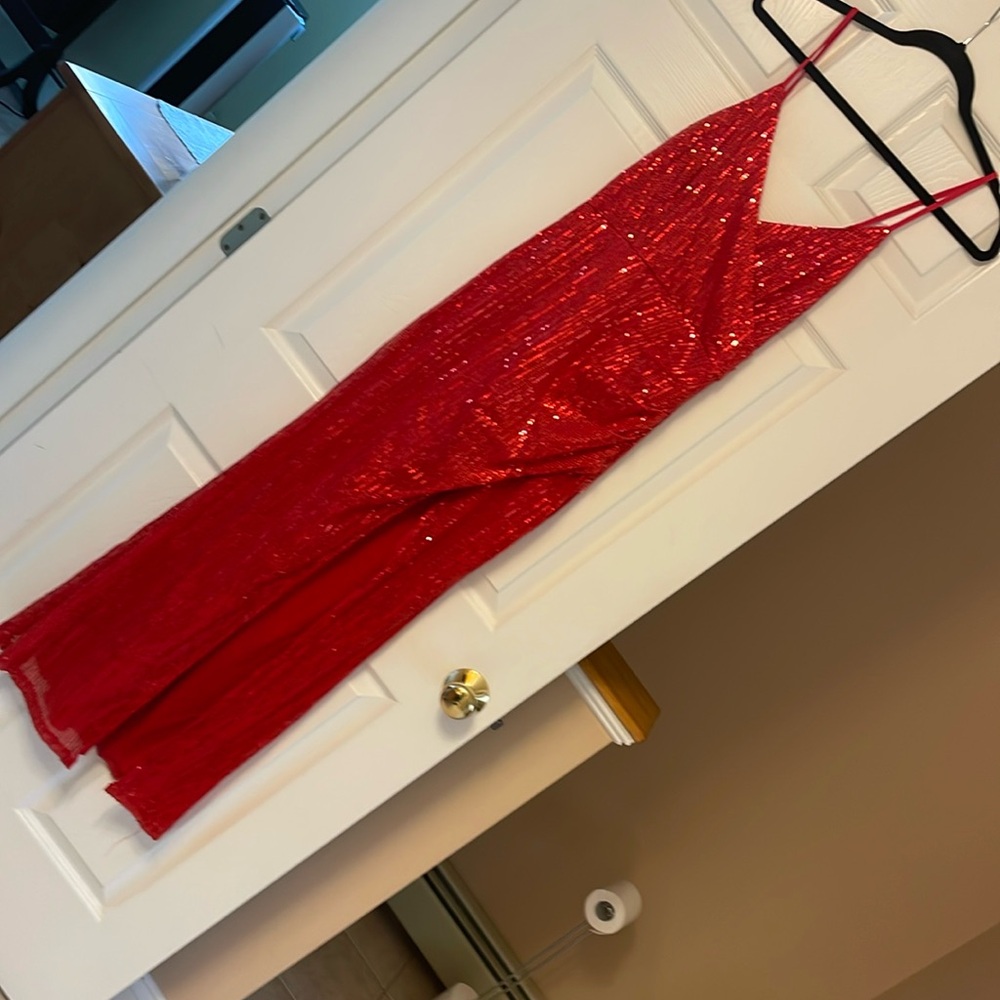 Sequined Red Prom Dress With Leg Slit On Left Side. T… - Gem